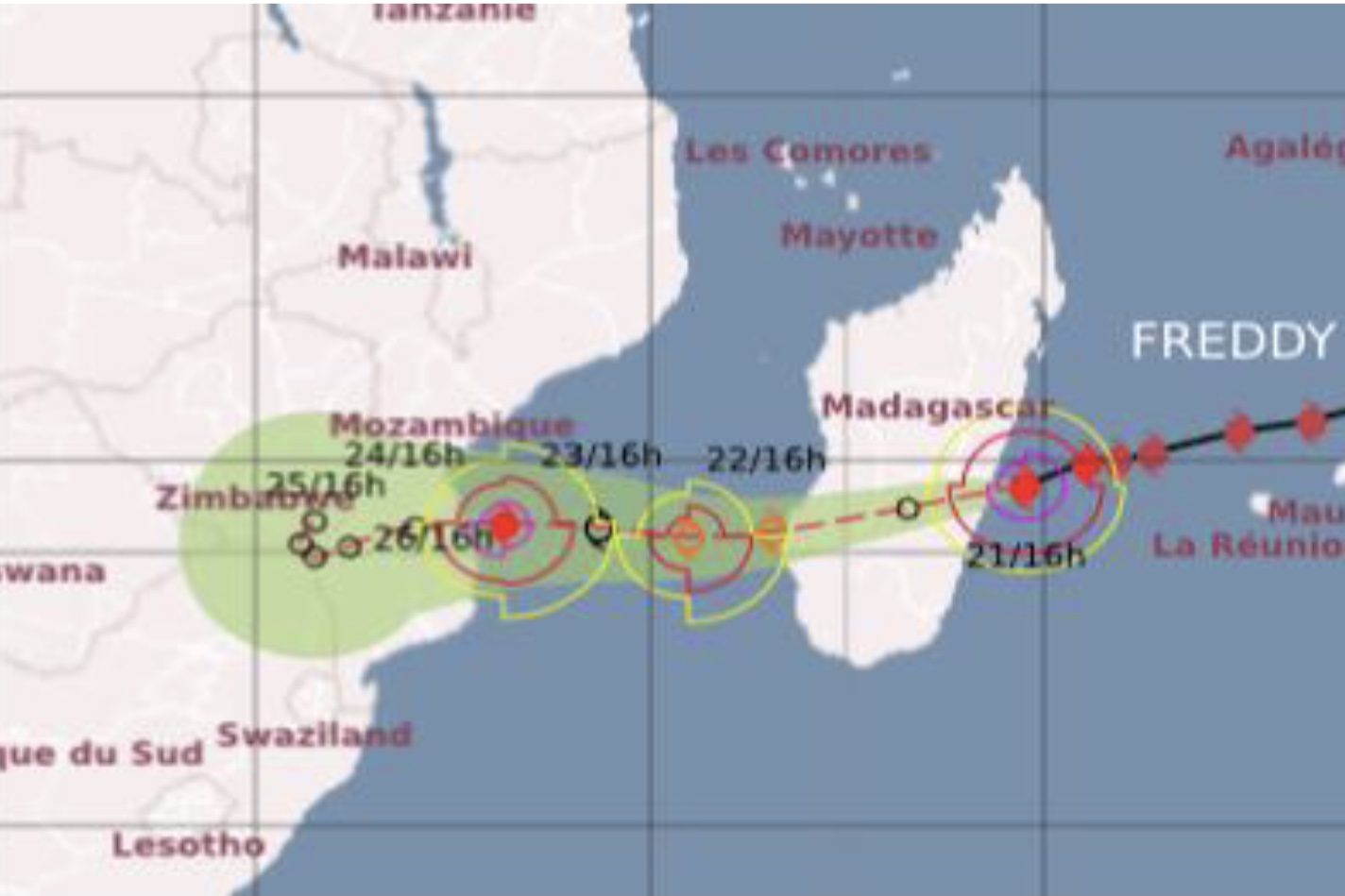 Tropical Cyclone Freddy moving westwards away from Madagascar towards ...