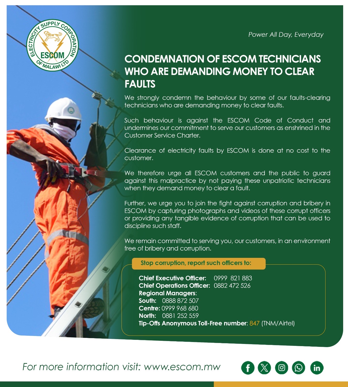 Customers forced to pay ESCOM’s faults-clearing technicians just for ...